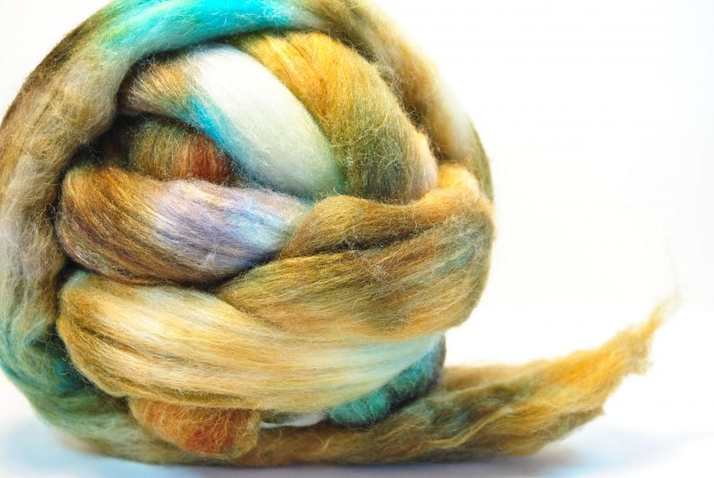 Handpainted Blue Face Leicester Tussah Silk Wool Roving Combed Top - 3. ...